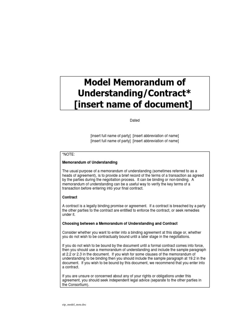 Model Memorandum of Understanding/Contract (Insert Name of Document) | PDF