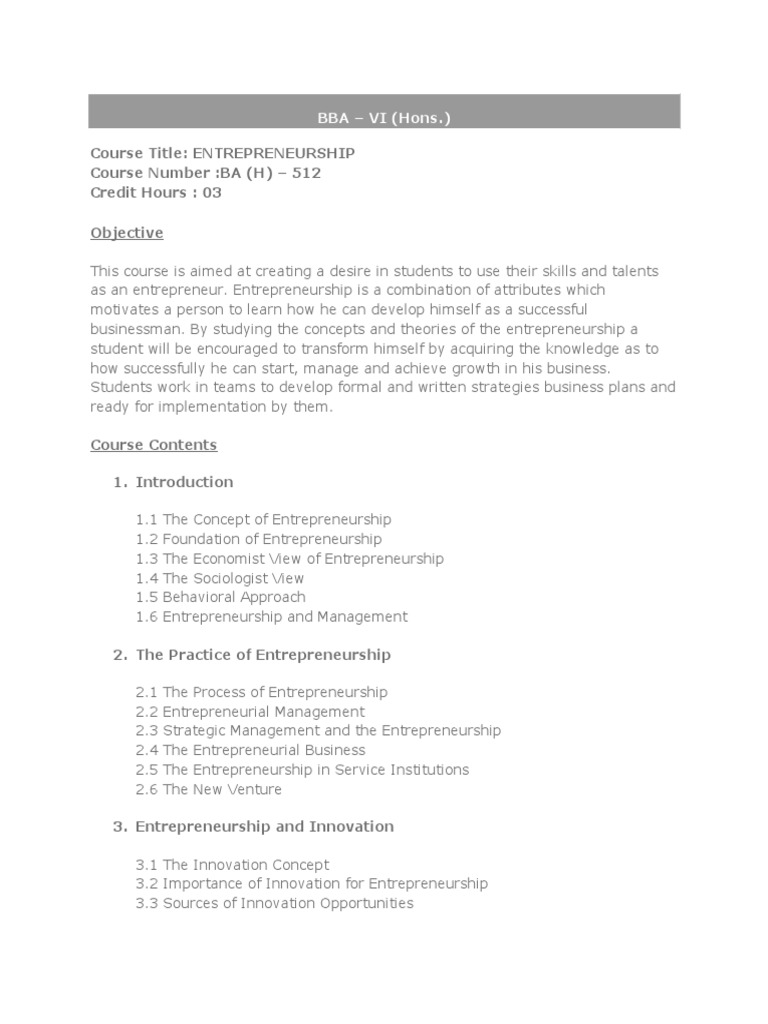 COURSE OUTLINE - Entrepreneurship | PDF | Entrepreneurship | Strategic ...