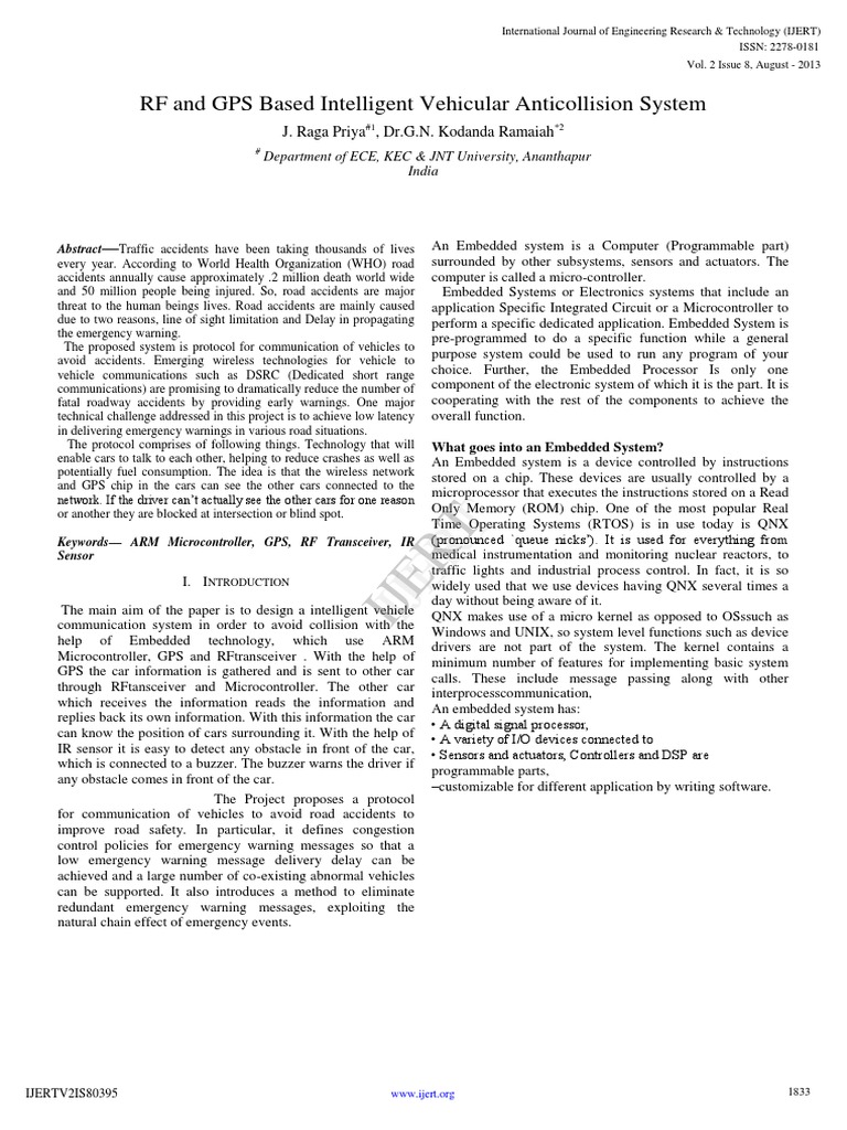 Ijert Ijert: RF and GPS Based Intelligent Vehicular Anticollision System | Download Free PDF ...
