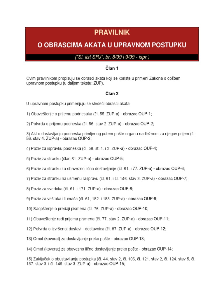 Pravilnik o Obrascima Akata U Upravnom Postupku | PDF