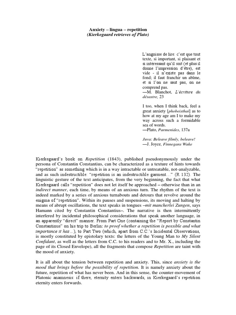 Kierkegaard's Repetition and Anxiety | PDF | Søren Kierkegaard ...