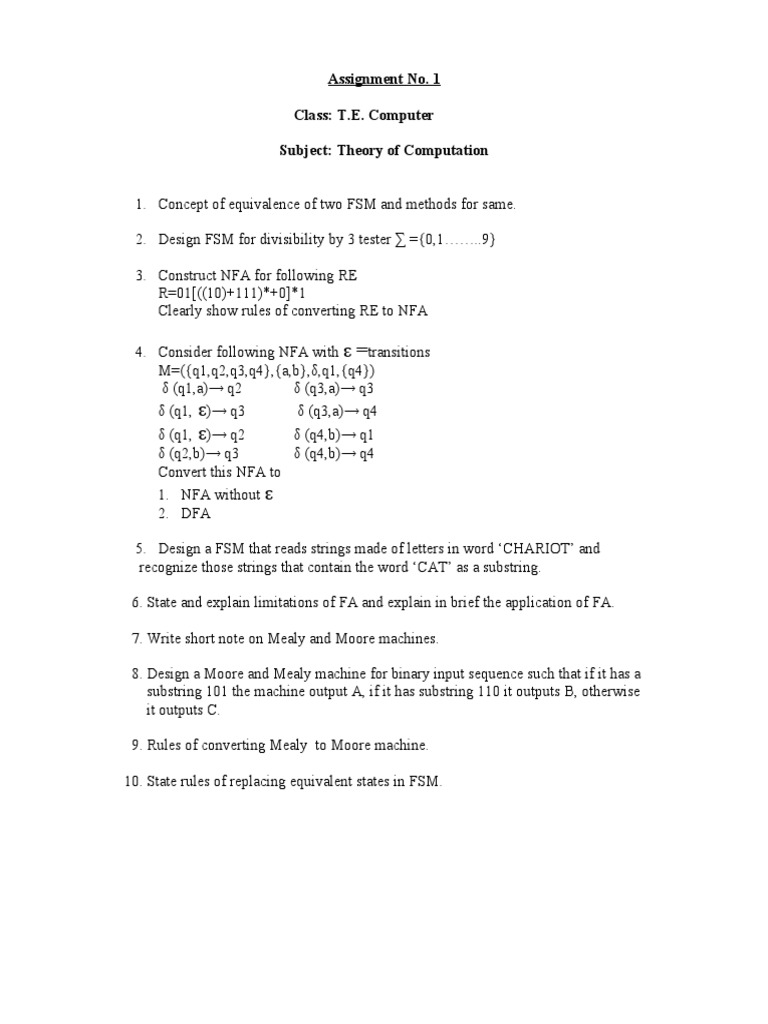 Assignment No 1 Class T E Computer Subject Theory Of Computation Pdf Syntax Logic