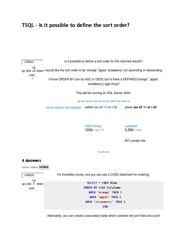 TSQL - Is It Possible To Define The Sort Order?: 4 Answers | PDF | Database Index | Databases