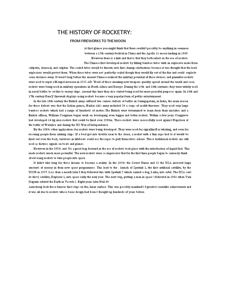 The History of Rocketry:: From Fireworks To The Moon | PDF | Sputnik 1 ...