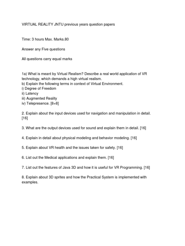 VIRTUAL REALITY JNTU Previous Years Question Papers | PDF