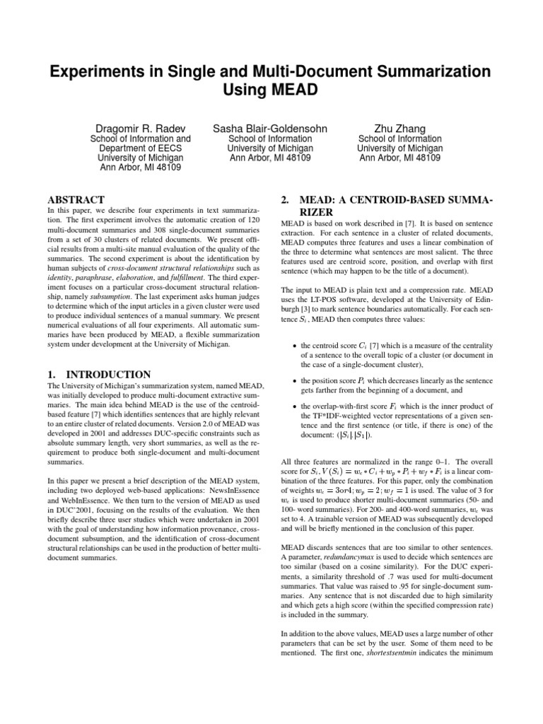 Experiments in Single and Multi-Document Summarization Using MEAD | PDF | Cognitive Science ...