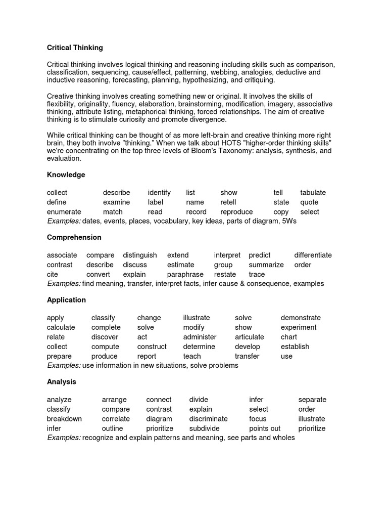 Critical and Creative Thinking Skills - Bloom's Taxonomy Levels | PDF