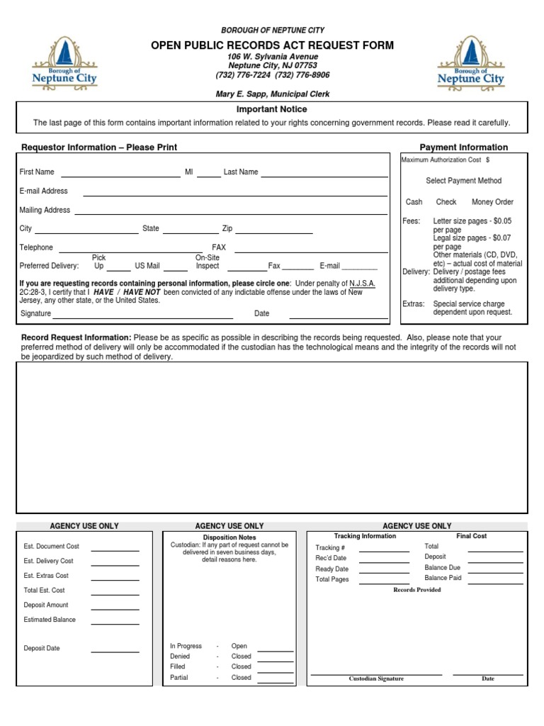Neptune City OPRA Request Form | PDF | Discovery (Law) | Computer Security