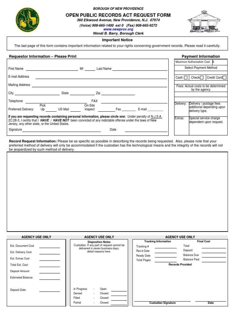 New Providence OPRA Request Form | PDF | Discovery (Law) | Computer ...