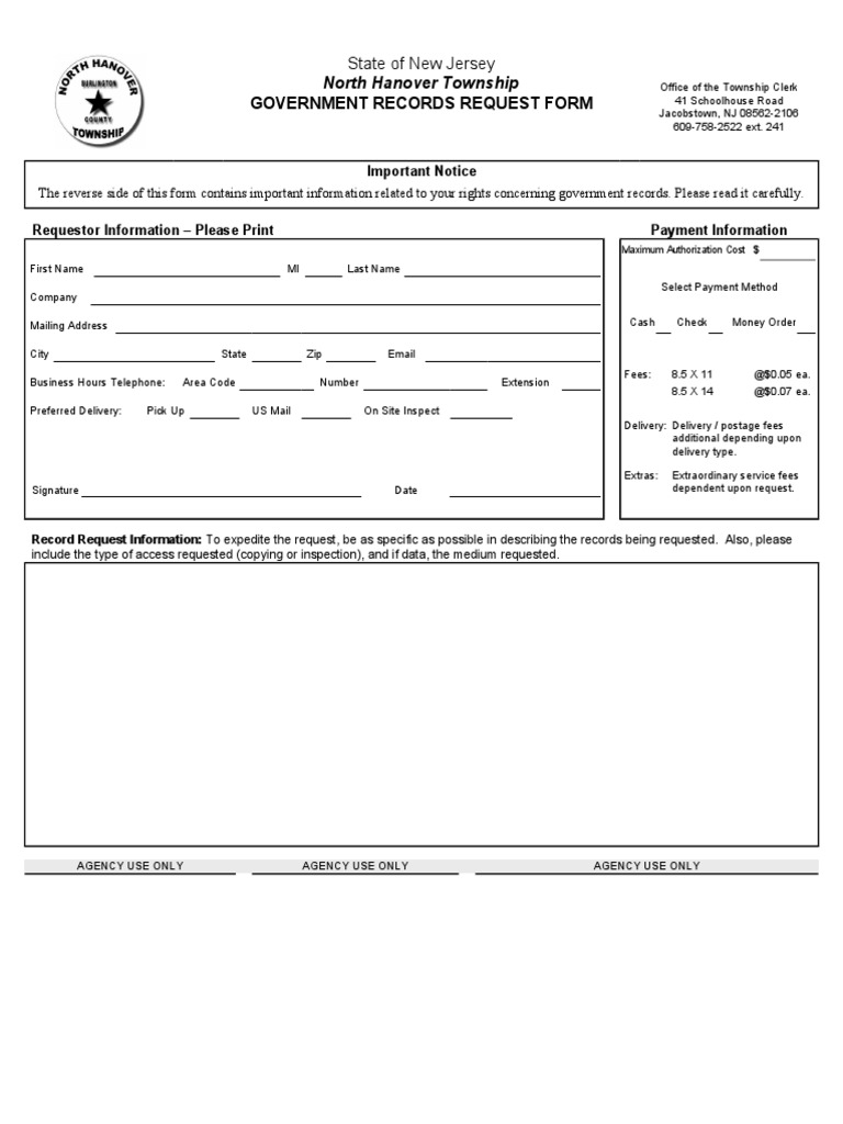 North Hanover OPRA Request Form | PDF | Cheque | Mail