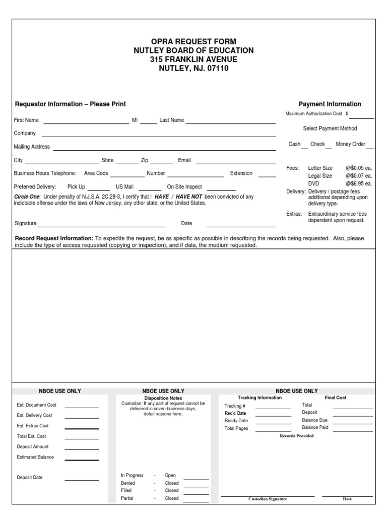 Nutley OPRA Request Form | PDF | Mail | Fee
