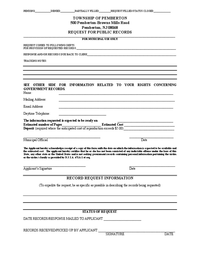 Pemberton Township OPRA Request Form | PDF | Government Information ...