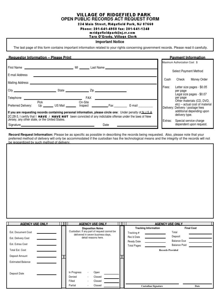 OPRA Request Form - Ridgefield Park | PDF | Discovery (Law) | Computer ...