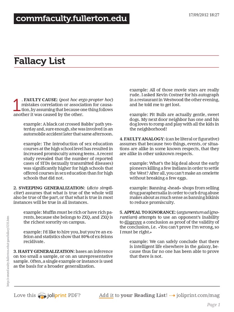 Commfaculty - Fullerton.edu Fallacy List | PDF | Argument | Fallacy