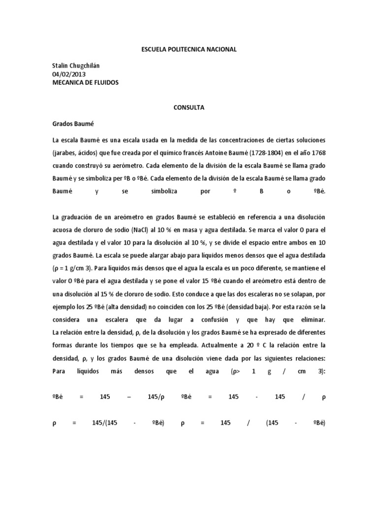 Grados Baumé y su Aplicación | PDF | Cantidades fisicas | Química