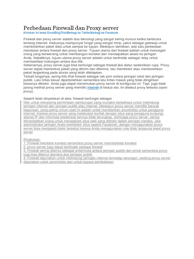 Perbedaan Firewall Dan Proxy Server | PDF