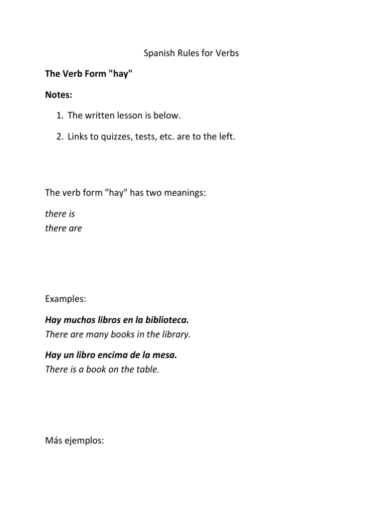 The Verb Form "Hay" Notes:: Spanish Rules For Verbs | PDF
