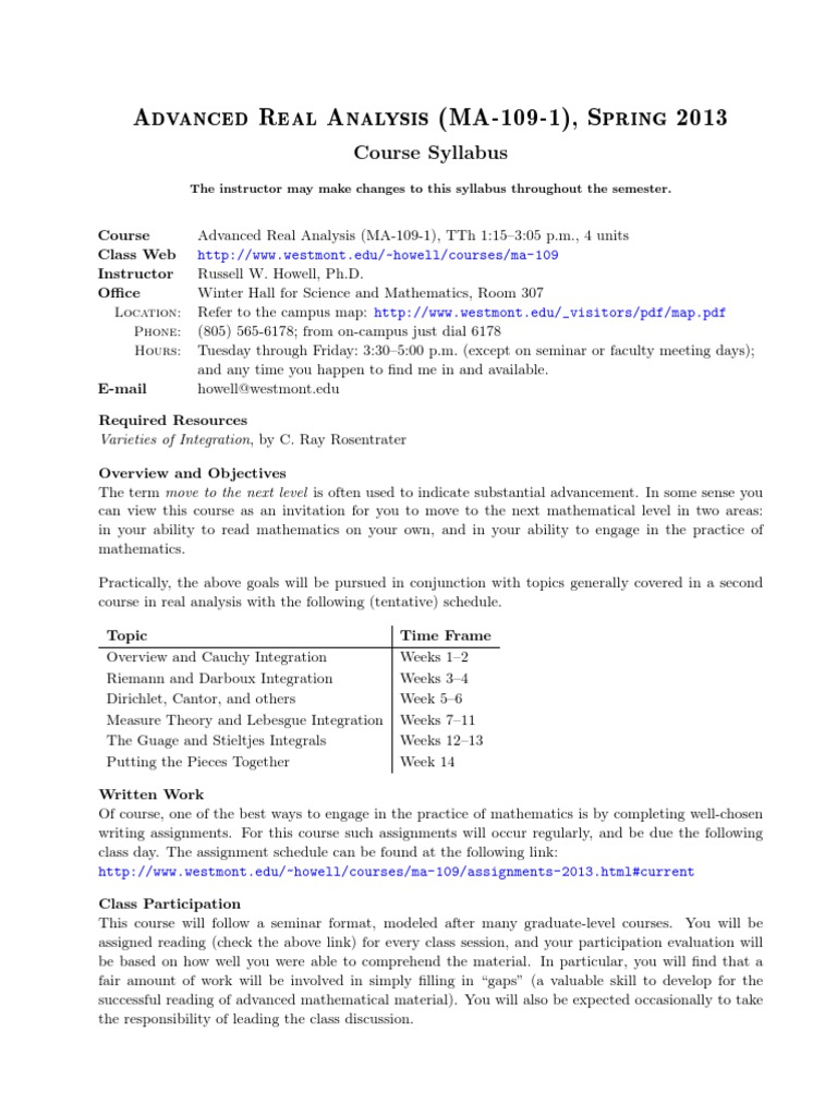 Advanced Real Analysis (MA-109-1), Spring 2013: Course Syllabus ...