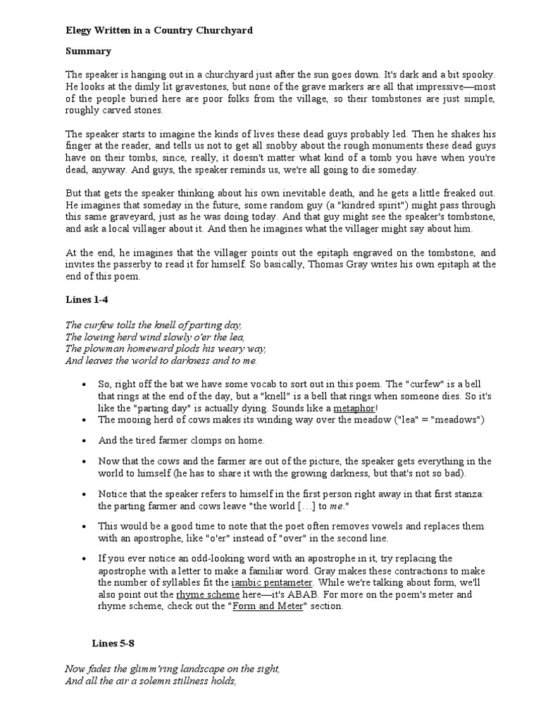 Elegy Written in A Country Churchyard Summary | PDF | Headstone | Odysseus