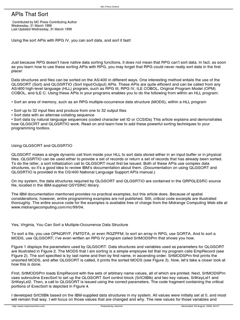 APIs That Sort | PDF | Ibm Rpg | Parameter (Computer Programming)