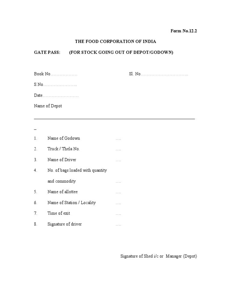 Form No.12.2 The Food Corporation of India Gate Pass: (For Stock Going ...