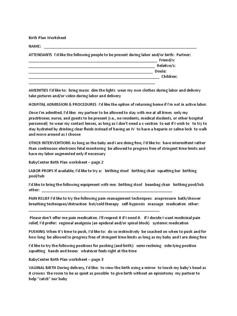 Birth Plan Worksheet | PDF