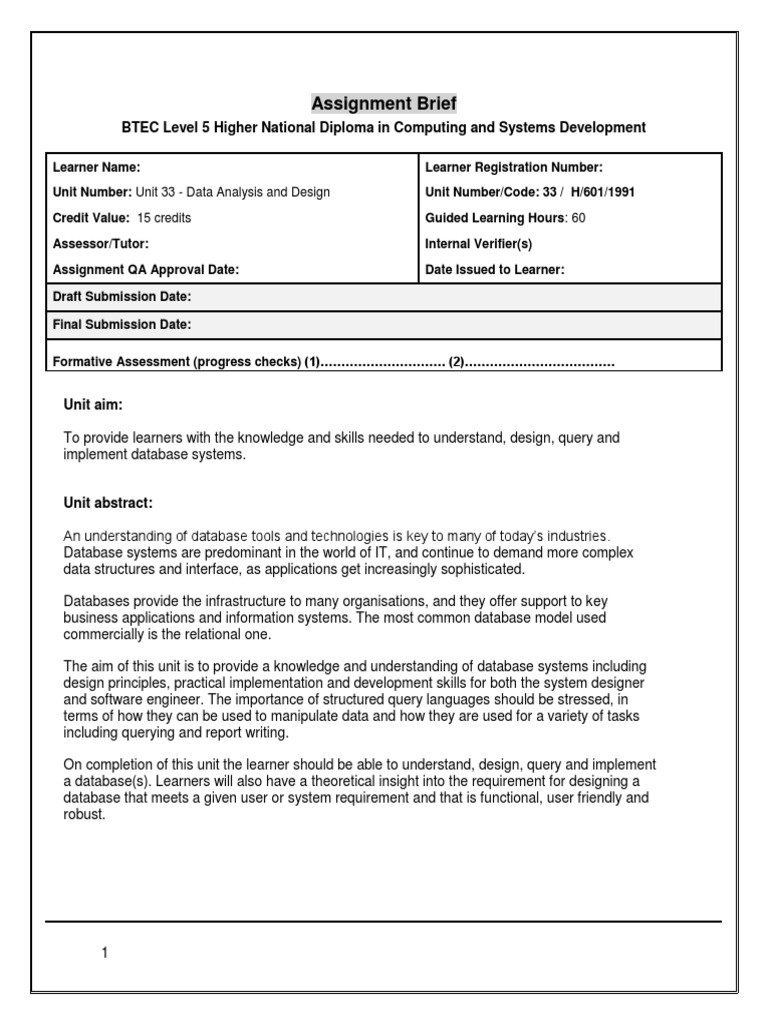 Unit 33: Data Analysis and Design Assignment Brief | PDF | Databases ...