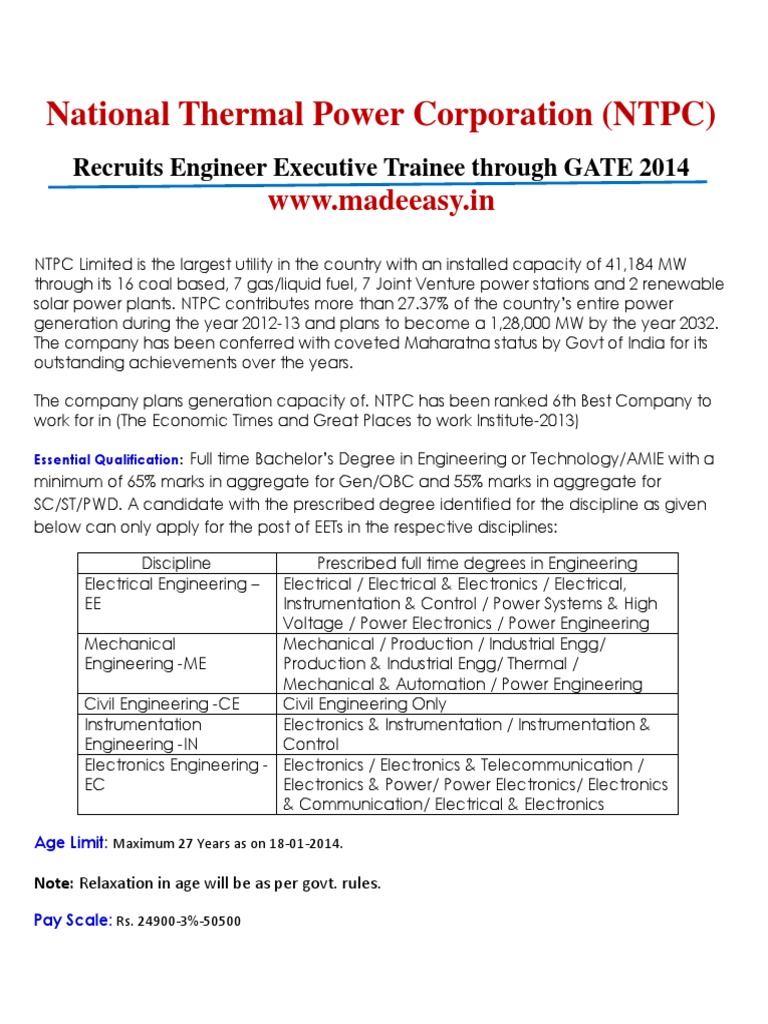 NTPC Recruitment Engineer Executive Through GATE 2014 | PDF ...