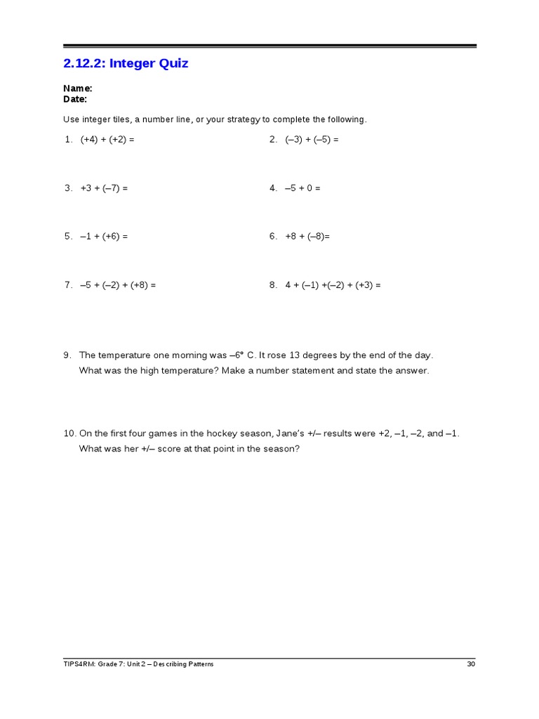 2.12.2: Integer Quiz: Name: Date | PDF