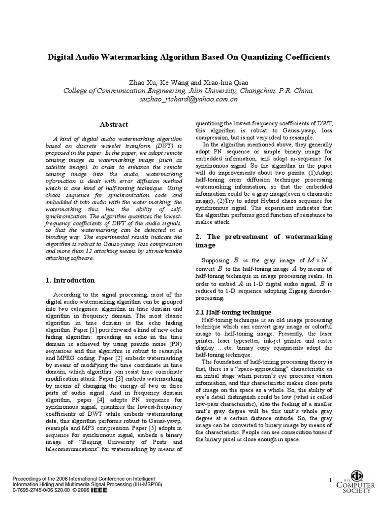 Digital Audio Watermarking Algorithm Based On Quantizing Coefficients Pdf Data Compression