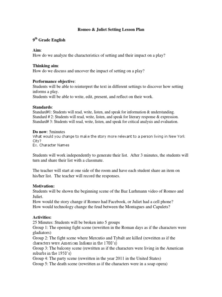 Romeo Juliet Setting Lesson Plan | PDF | Characters In Romeo And Juliet ...