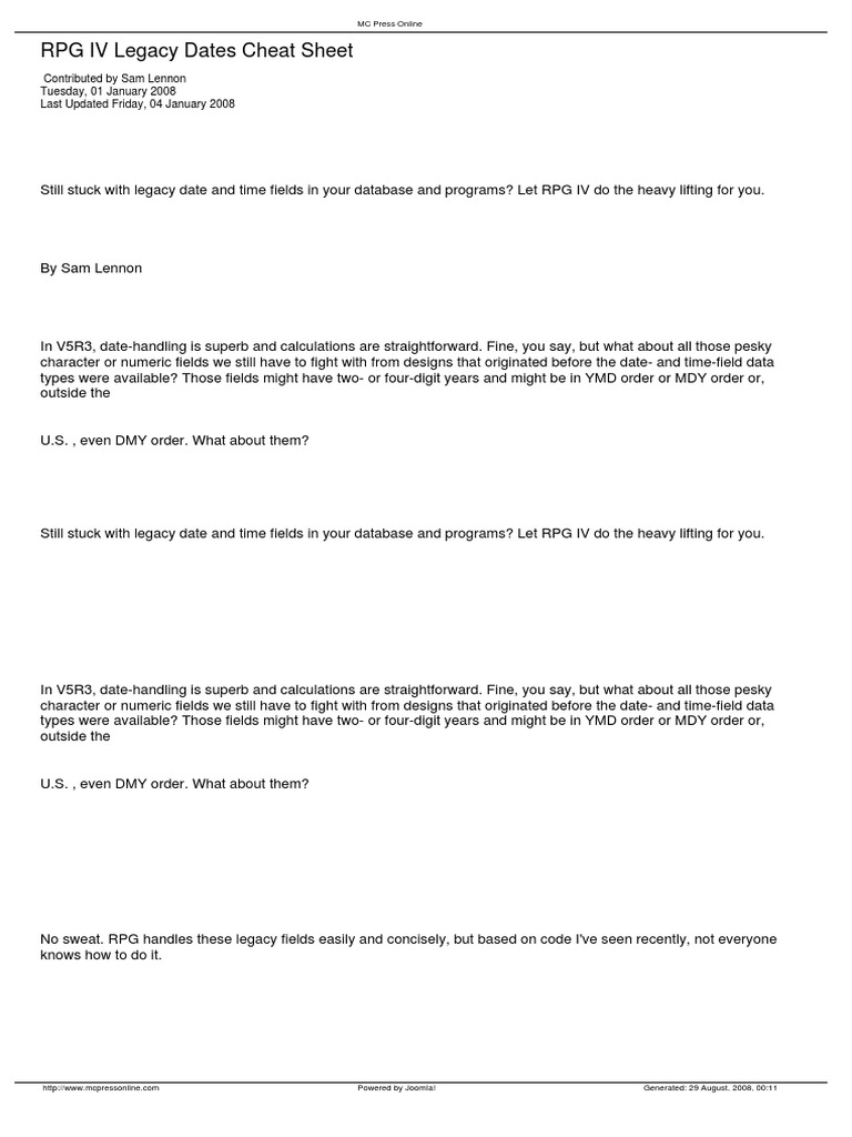 RPG IV Legacy Dates Cheat Sheet | PDF | Ibm Rpg | Computer Data