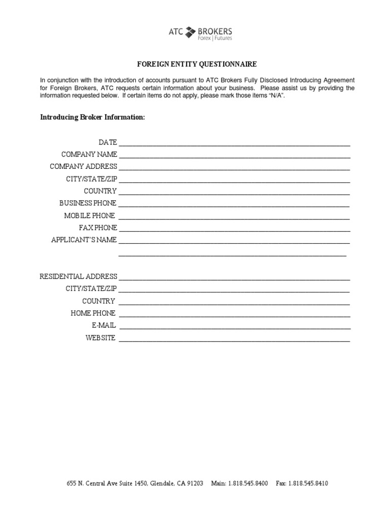Introducing Broker Information:: Foreign Entity Questionnaire | PDF