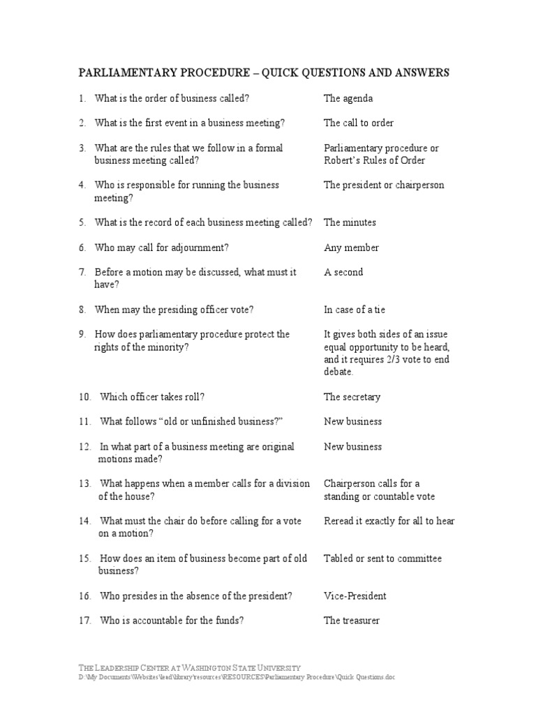 Parliamentary Procedure - Quick Questions and Answers: T L C W S U ...