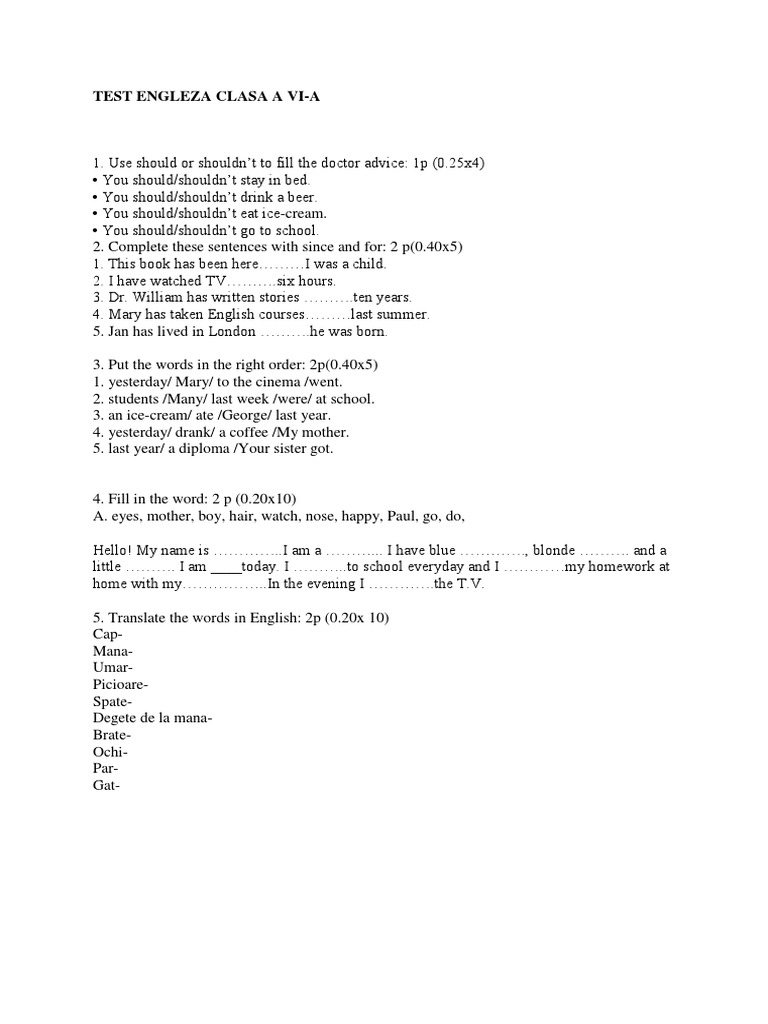 Test Engleza Clasa A Vi | PDF | Languages