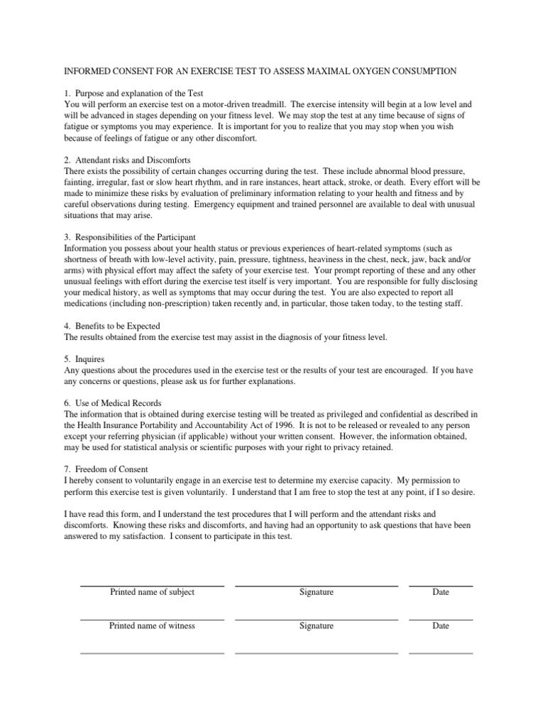 Informed Consent For Max Exercise Testing | PDF | Physical Fitness ...