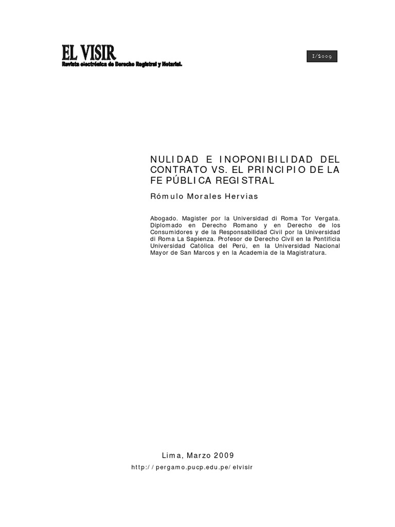 Nulidad e Inoponibilidad Del Contrato vs. El Principio de La Fe Pública ...