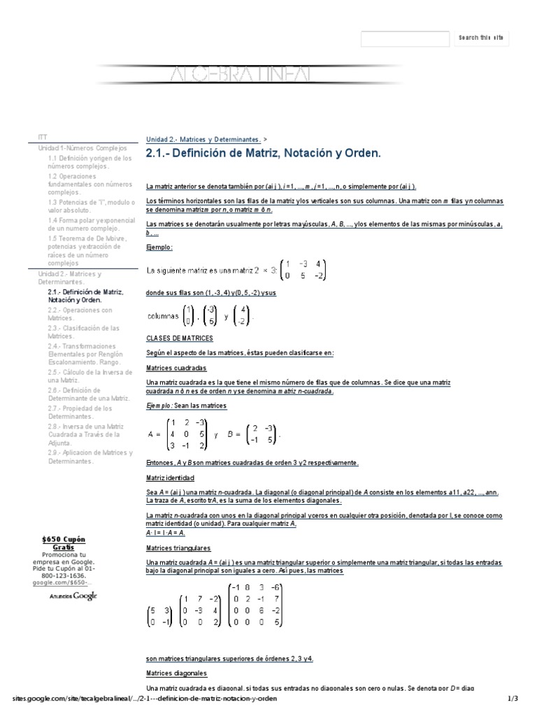 2.1. - Definición de Matriz, Notación y Orden | Determinante | Matriz ...