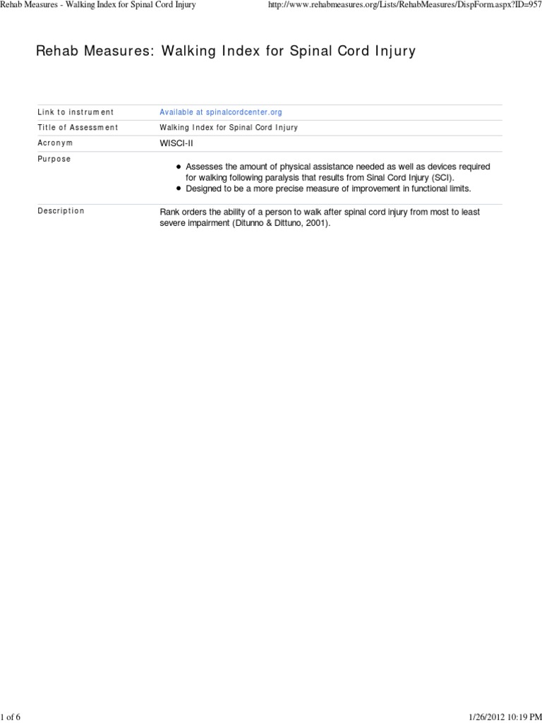 WISCI-II: Spinal Injury Walking Assessment | PDF | Spinal Cord Injury ...