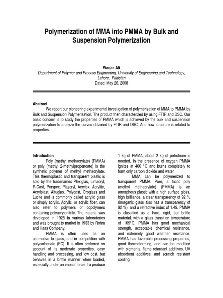 Bulk and Suspenshion Polynerization of MMA Into PMMA | PDF | Poly ...