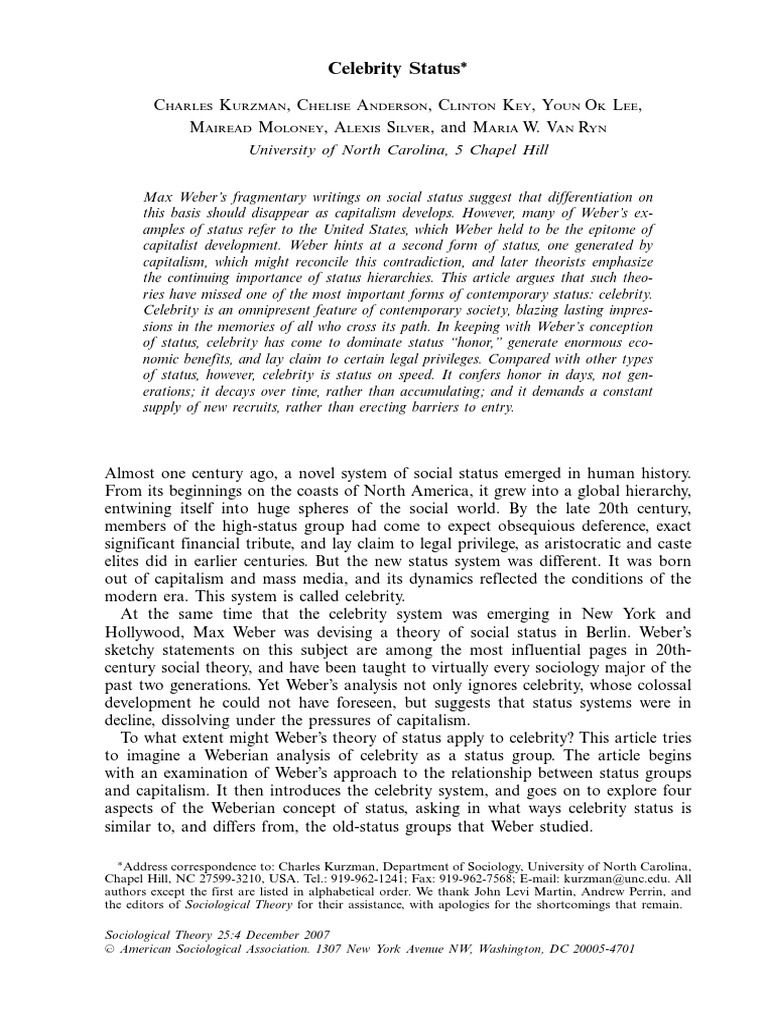 Max Weber and Celebrity: Reconciling Weber's Theory of Status with the ...