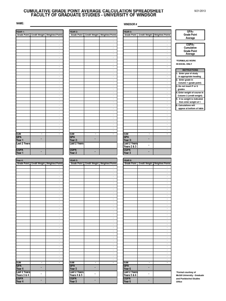 CGPA Calculation Spreadsheet | PDF
