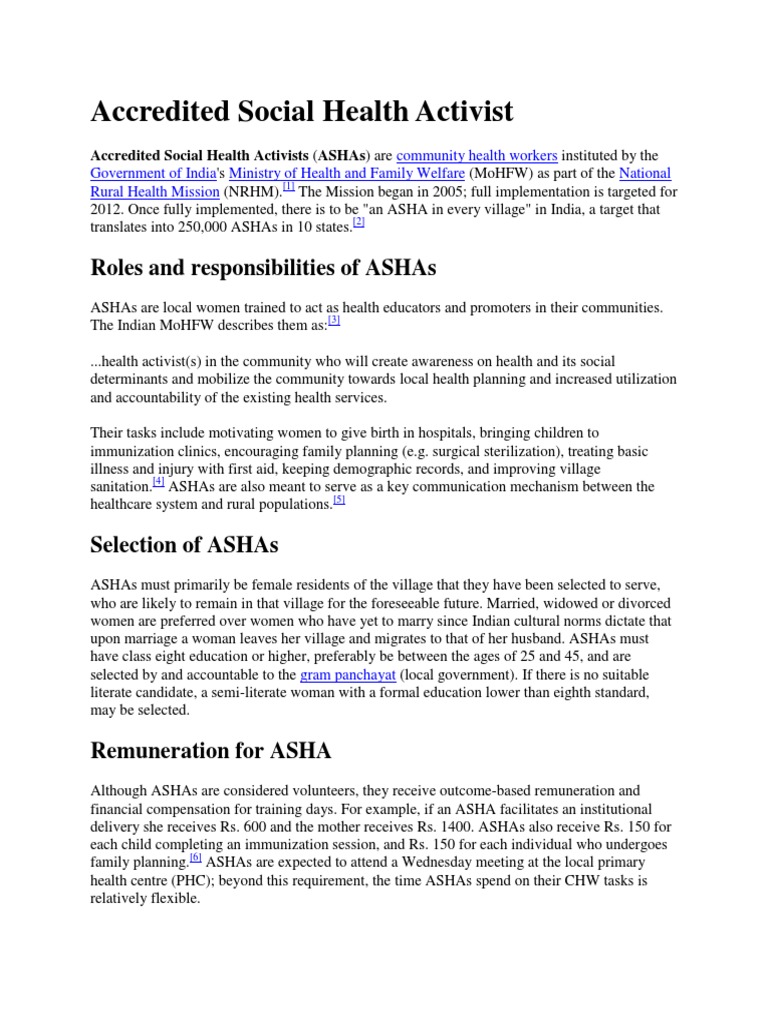 Accredited Social Health Activist: Roles and Responsibilities of Ashas ...