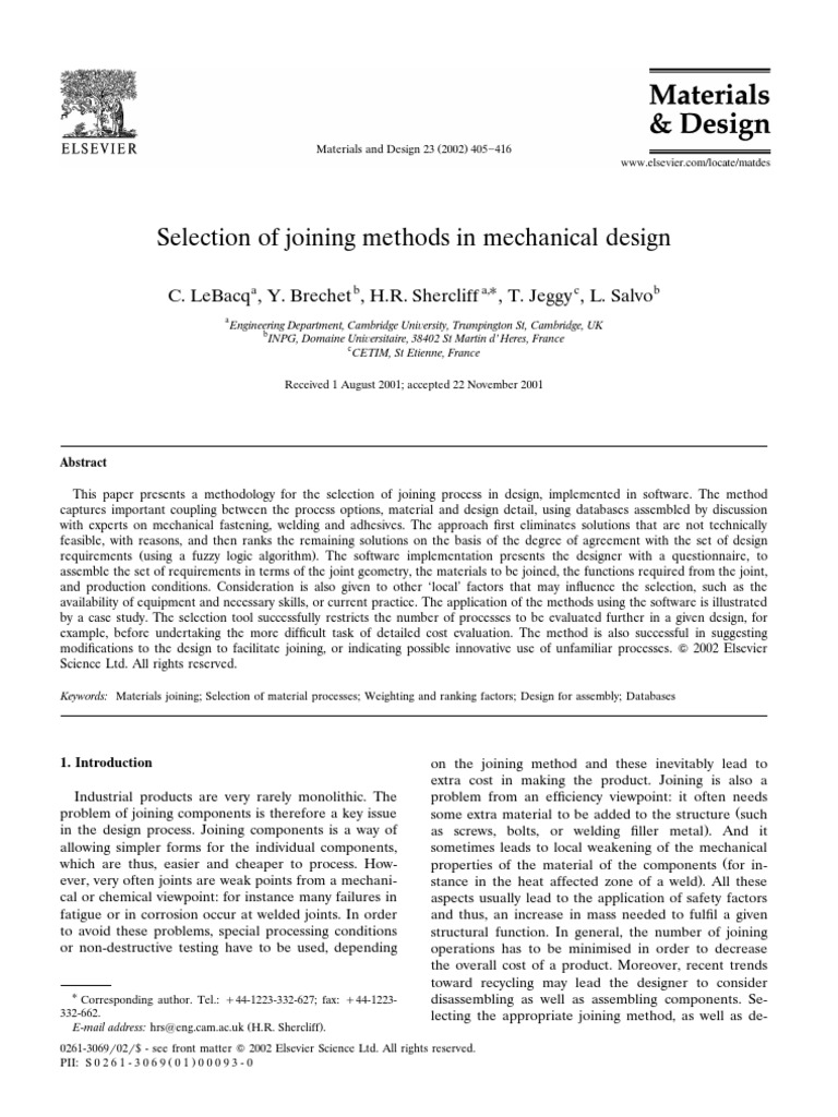Selection of Joining Methods in Mechanical Design | PDF | Welding ...