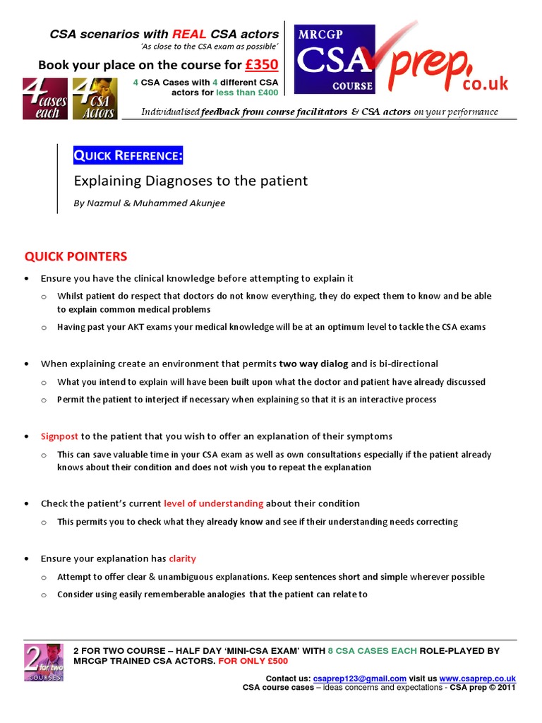 MRCGP CSA Exam Quick Reference Guide Explaining A Diagnosis ...