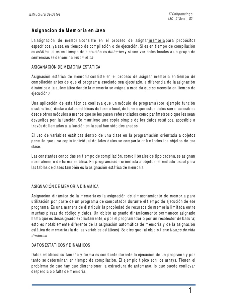 Asignación de Memoria en Java: Guía Completa | PDF | Ciencias de la ...