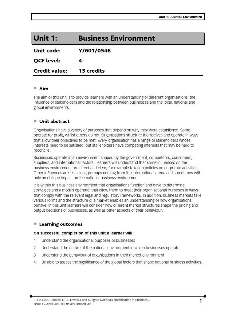 Selected HNC in Business Units Unit 1 Business Environment ...