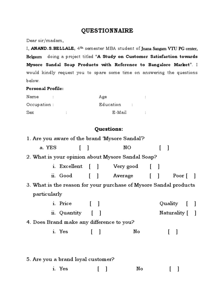 Questionnaire: Mysore Sandal Soap Products With Reference To Bangalore ...