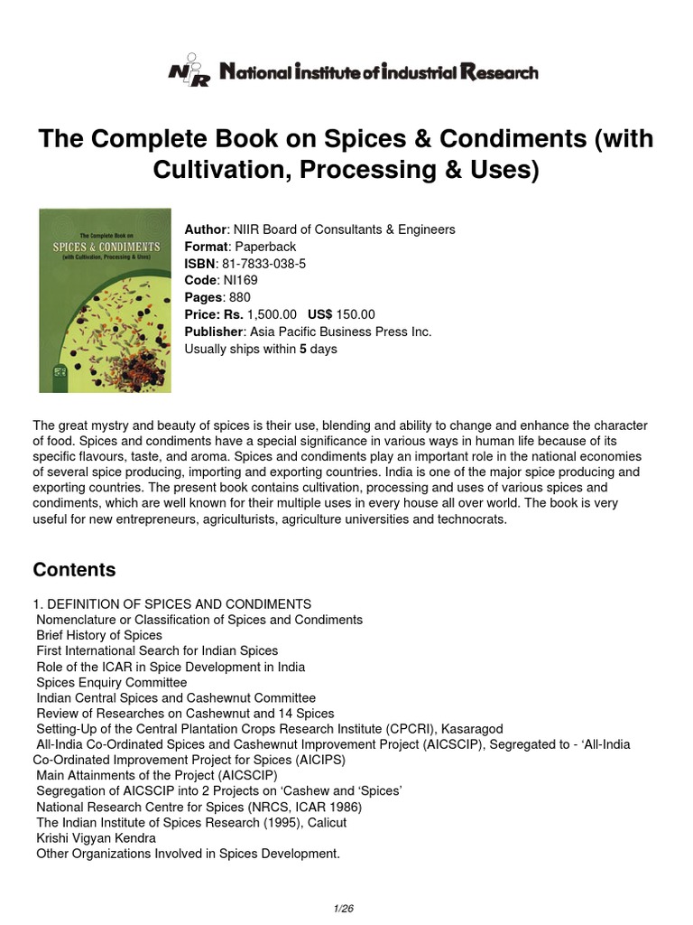 The Complete Book On Spices & Condiments (With Cultivation, Processing ...