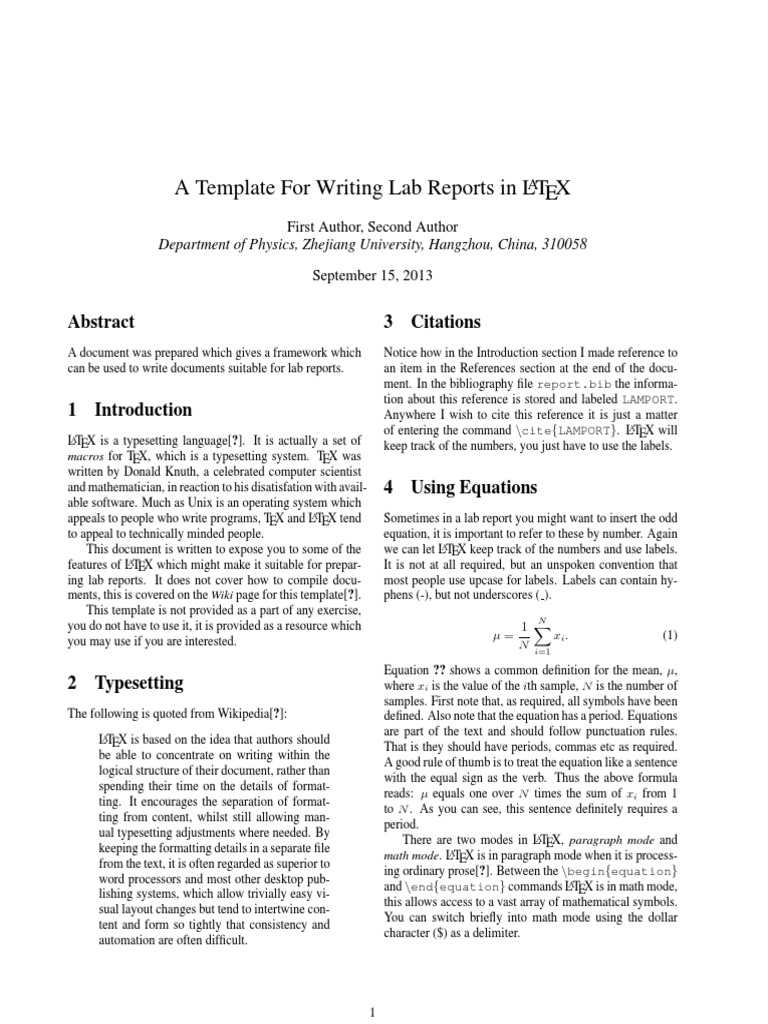 A Template For Writing Lab Reports in L TEX: 3 Citations | PDF | Te X ...